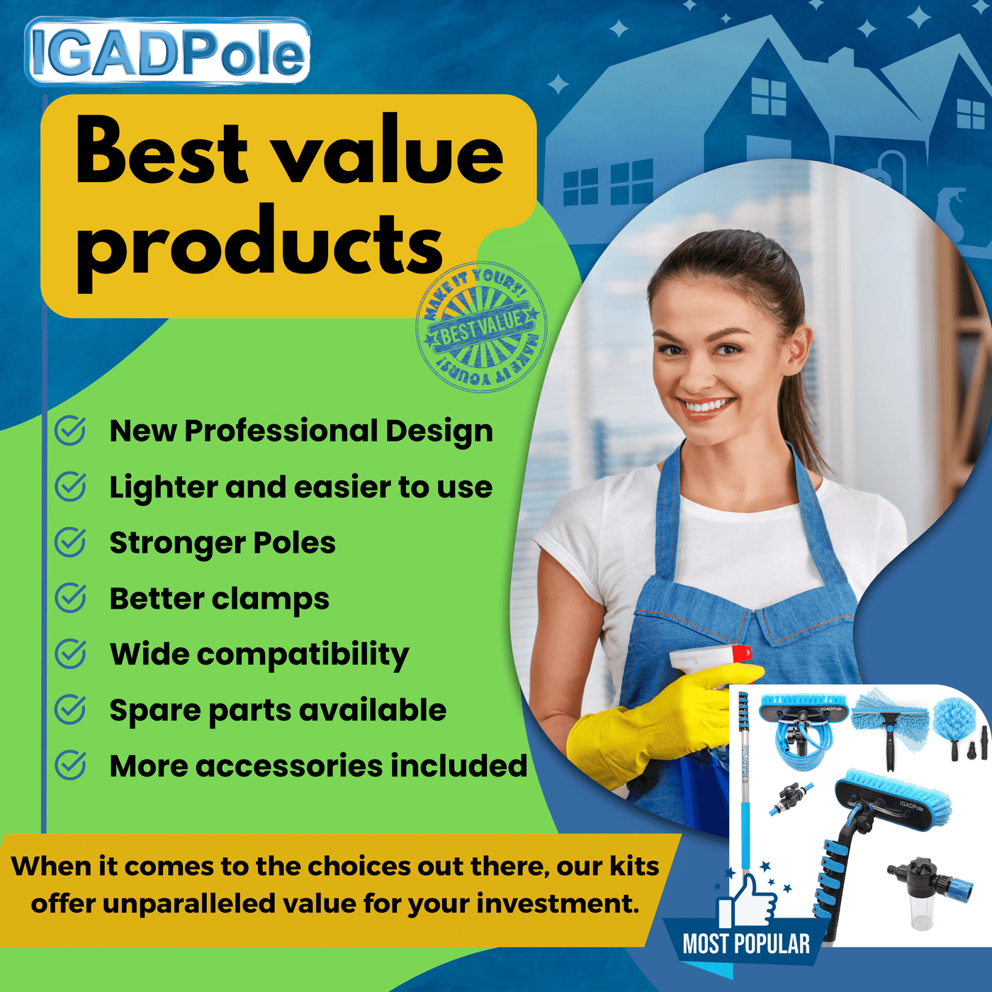 IGADPole Window Cleaning Kit, Extension Pole and 10 inch (25cm) Squeeg